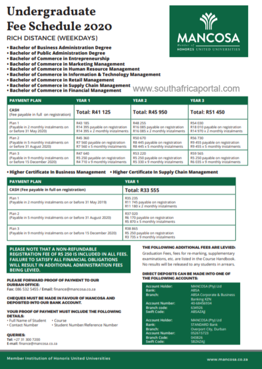 MANCOSA Undergraduate Rich Distance Fees Structure 2020-2021 - South ...