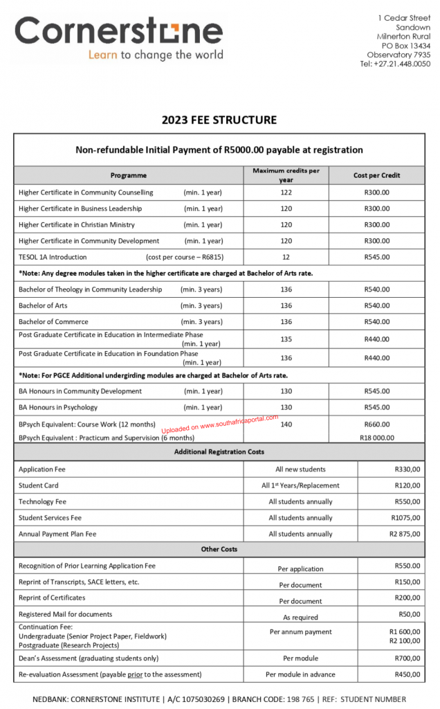 Cornerstone Institute Fees Structure 2023/2024 PDF - South Africa Portal